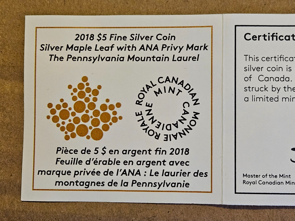 2018 $5 silver maple leaf with ANA privy mark :Pennsylvania mountain ...