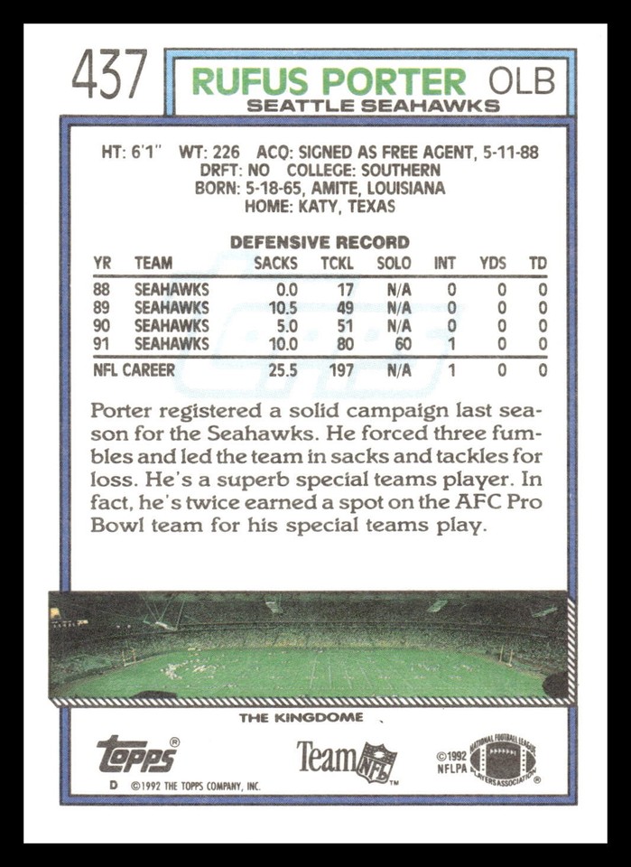 1992 Topps #437 Rufus Porter Seattle Seahawks Football Card NM | eBay