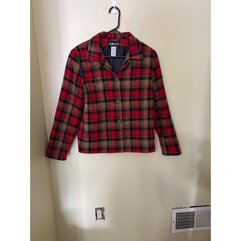 Sag Harbor Women Red Plaid Blazer Jacket Size 14 Button Front Collared ...