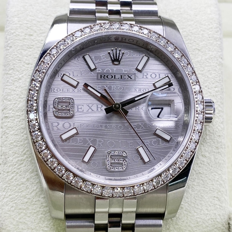 Rolex Datejust 36mm 116244 Rhodium Waves Diamond Dial Automatic Watch B ...