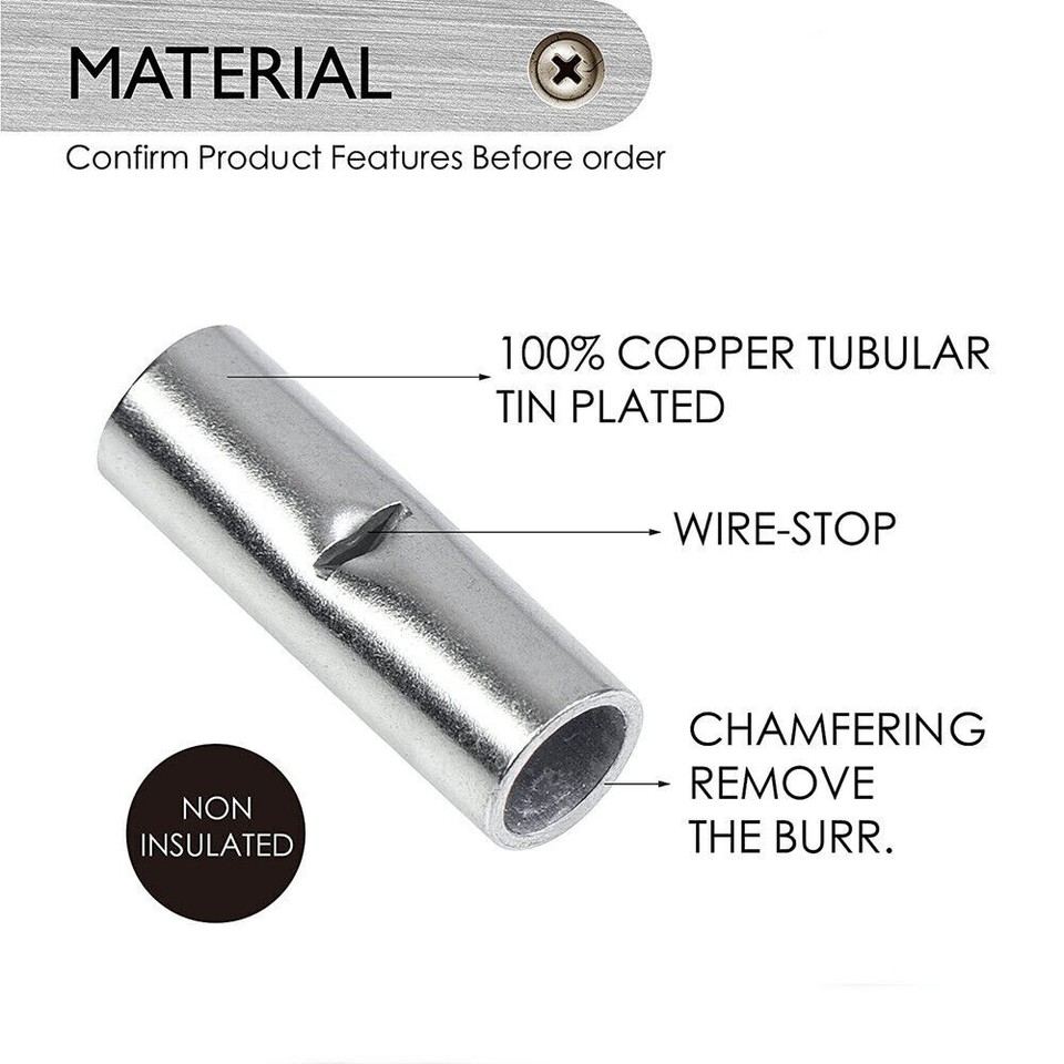 8awg Non-Insulated BN8 Copper Wire Butt Splice Connector Ferrule Crimp ...