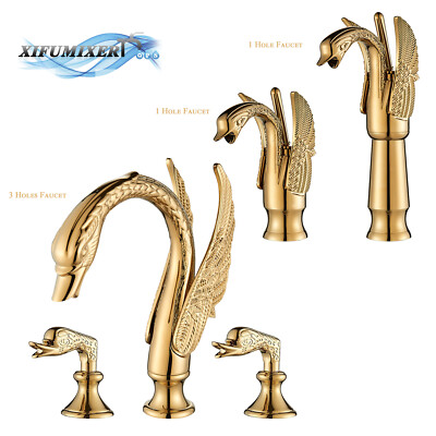 Gold Swan Bathroom Sink Faucet Waterfall Spout Lavatory Basin Vanity ...
