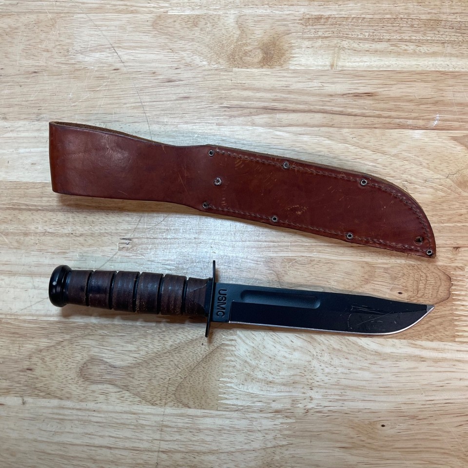 KaBar 1217 Fighting/Utility Knife USMC Leather Sheath Straight Edge | eBay