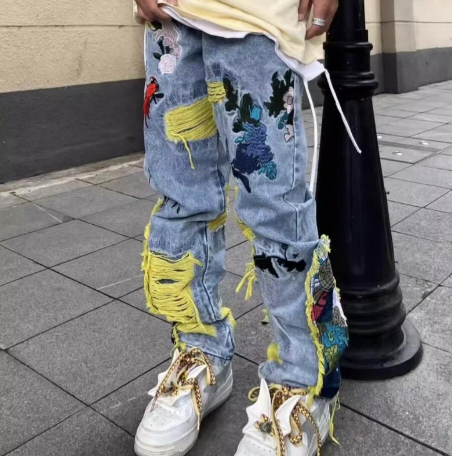 Men's Punk Boys Embroidery Ripped Hip Hop Blue Denim Jeans Straight Leg ...