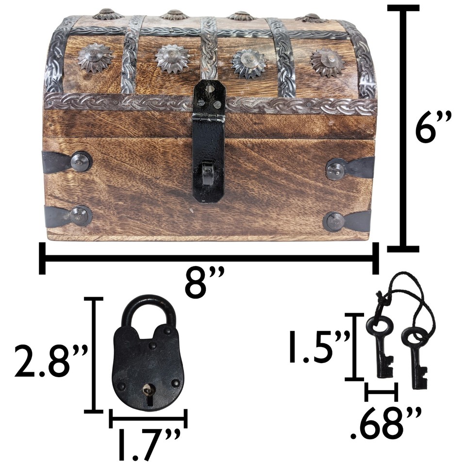 8"x6"x6" Wood Pirate's Treasure Chest Nautical Jewelry Box, Includes ...