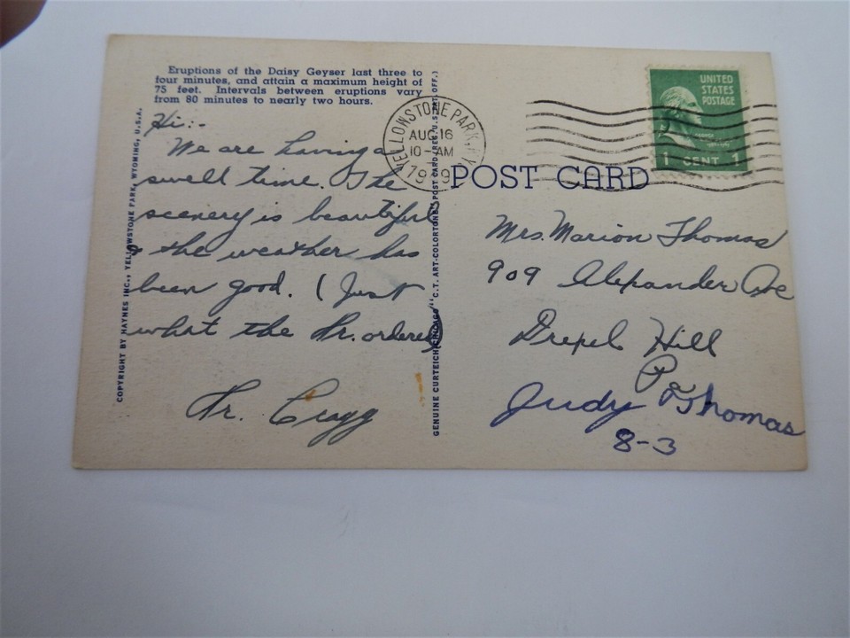 Vint. Linen P/C- Wyoming- Yellowstone National Park- Daisy Geiser | eBay
