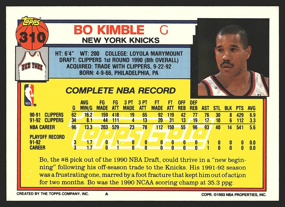 1992-93 Topps #310 Bo Kimble Gold | eBay