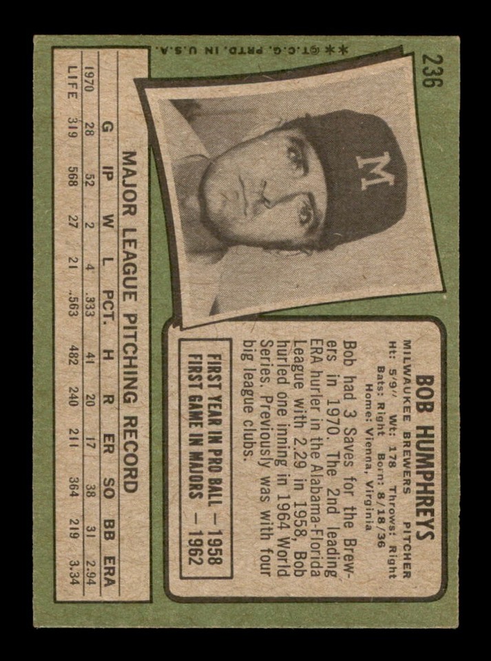 1971 Topps Baseball #236 Bob Humphreys VG *d3 | eBay
