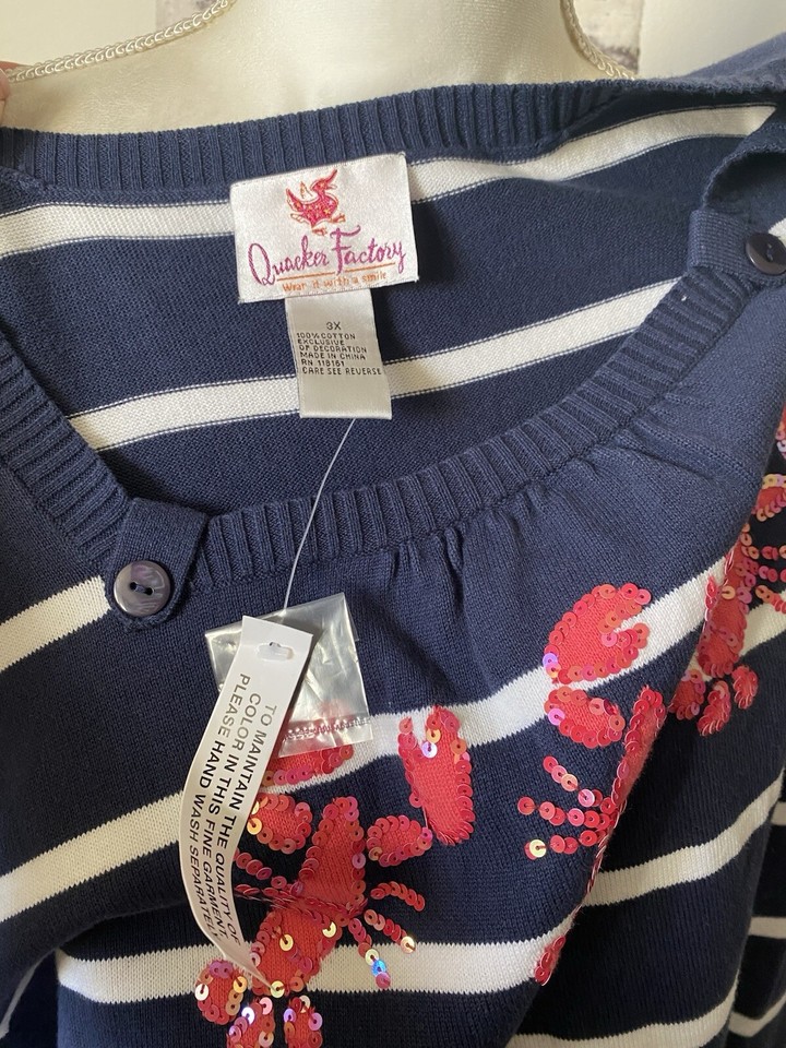 Quacker Factory Sweater Women 3X Plus Blue Pullover 3/4 Sleeve Striped ...