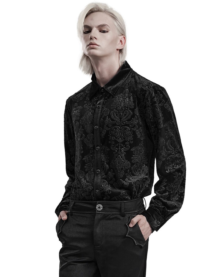 Punk Rave Mens Gothic Aristocrat Embossed Velvet Damask Shirt - Black ...