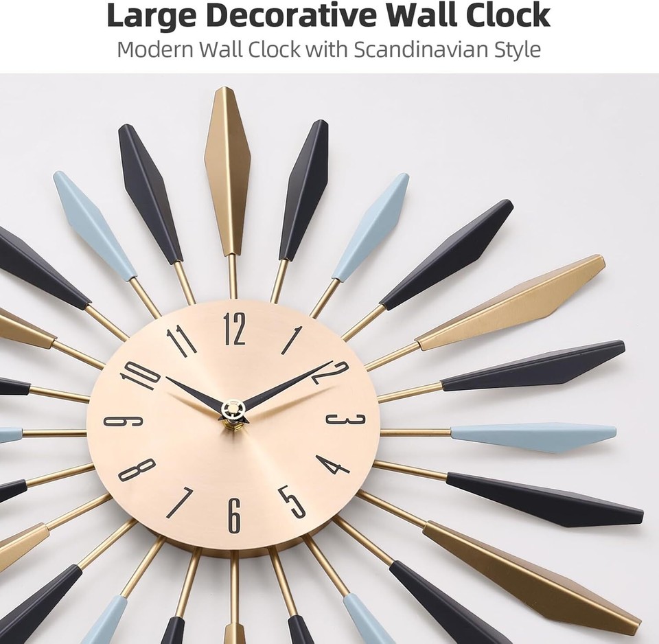Extra Large Mid Century Wall Clock Colorful Sunburst 55cm Silent and ...