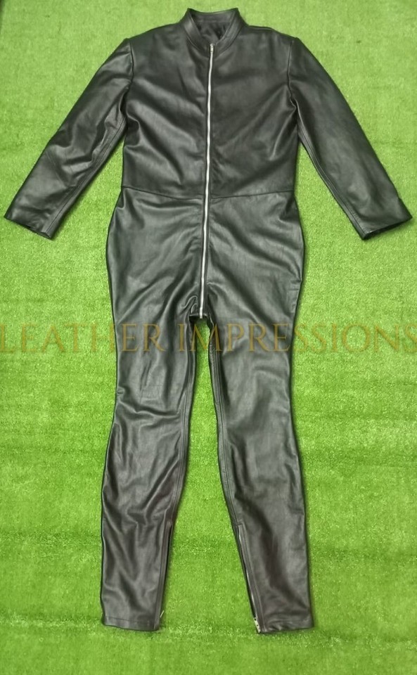 Mens Leather Catsuit Jumpsuit Slim Fit Overall Bodysuit Front Zipper ...