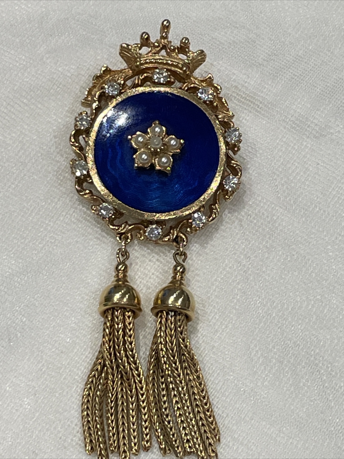 Minty Signed FLORENZA Blue Enamel Rhinestone Faux Pea… - Gem