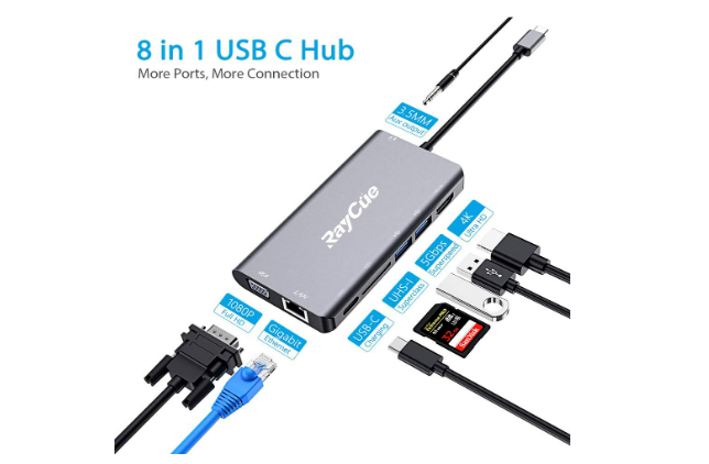 RayCue USB C Hub Adapter 8 in 1 USB-C to HDMI/VGA/R45 for Mac-Book ...