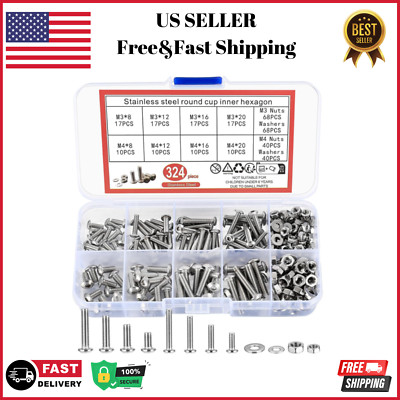 324 Pcs Metric Screw Assortment Kit Metric M3 M4 Hex Button Socket Head ...