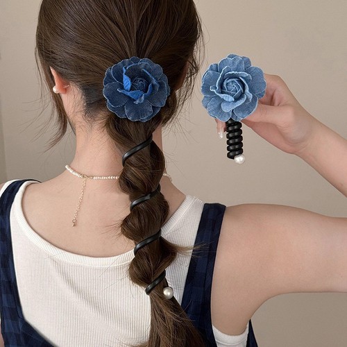 Cowboy Blue Flower Telephone Line Hair Loop Spiral Coil High Elastic ...