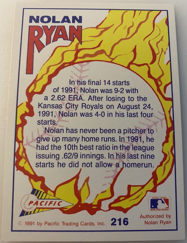 1991 Pacific Pick Off at Third Nolan Ryan #216 Texas Rangers Card! D66 ...