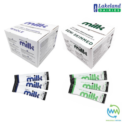 LAKELAND UHT Milk STICKS Individually Packed WHOLE / SEMI Skimmed 10ML ...