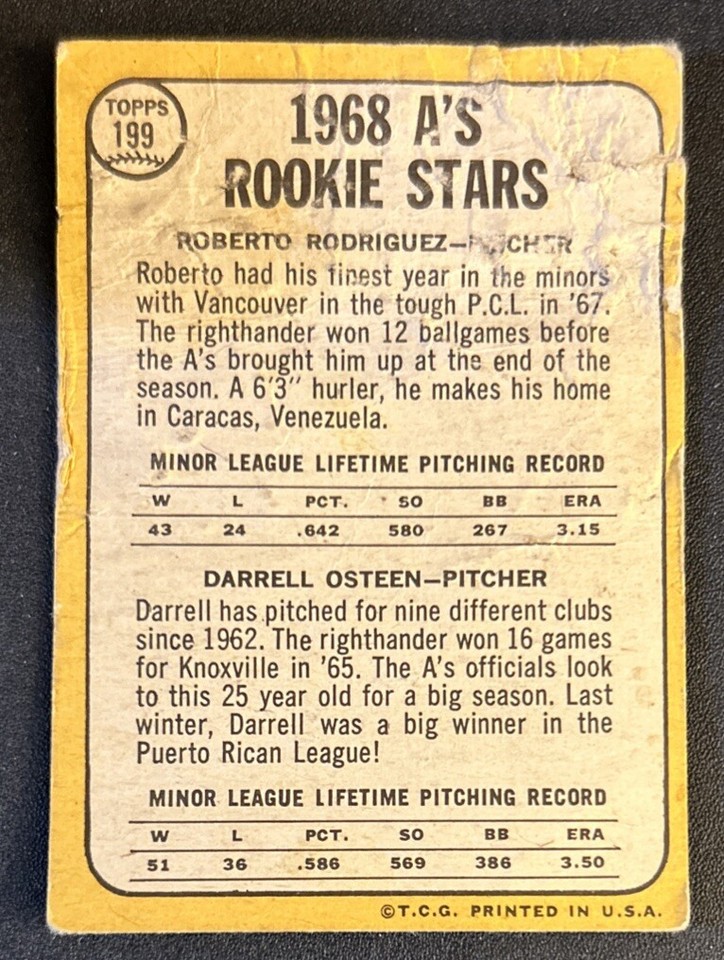 1968 Topps A’s Rookie Stars Roberto Rodriguez Darrell Osteen Card #199 ...