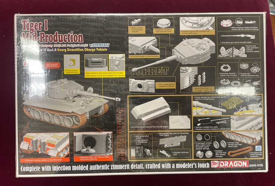 Tiger I Mid Production - 1/35 Dragon Zimmerit - Unassembled AFV Kit ...