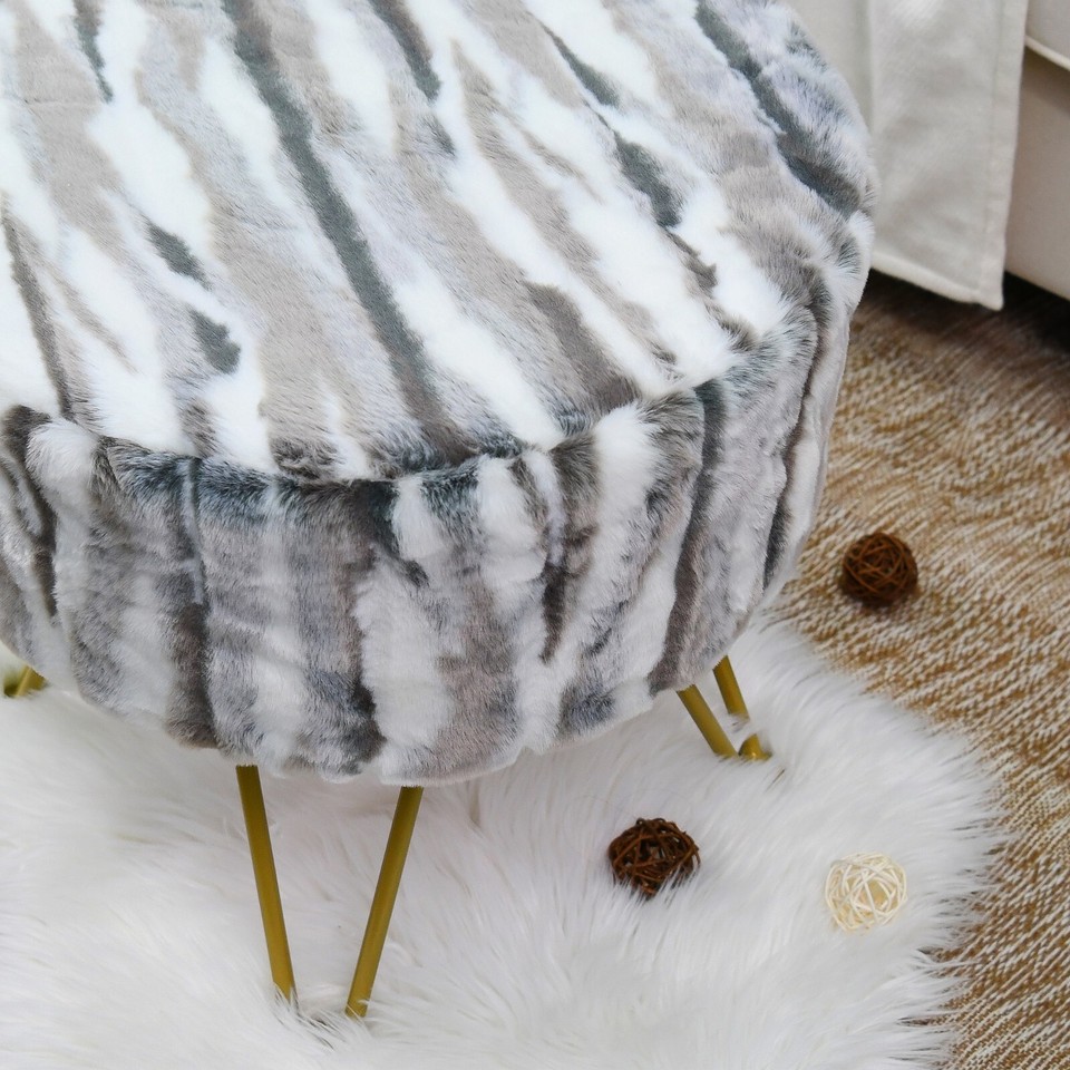 Luxury Plush Multi Jacquard Faux Fur Ottoman Round Foot Rest Stool for ...