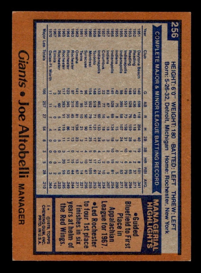 1978 Topps Baseball #256 Joe Altobelli Signed Autograph (No COA) | eBay