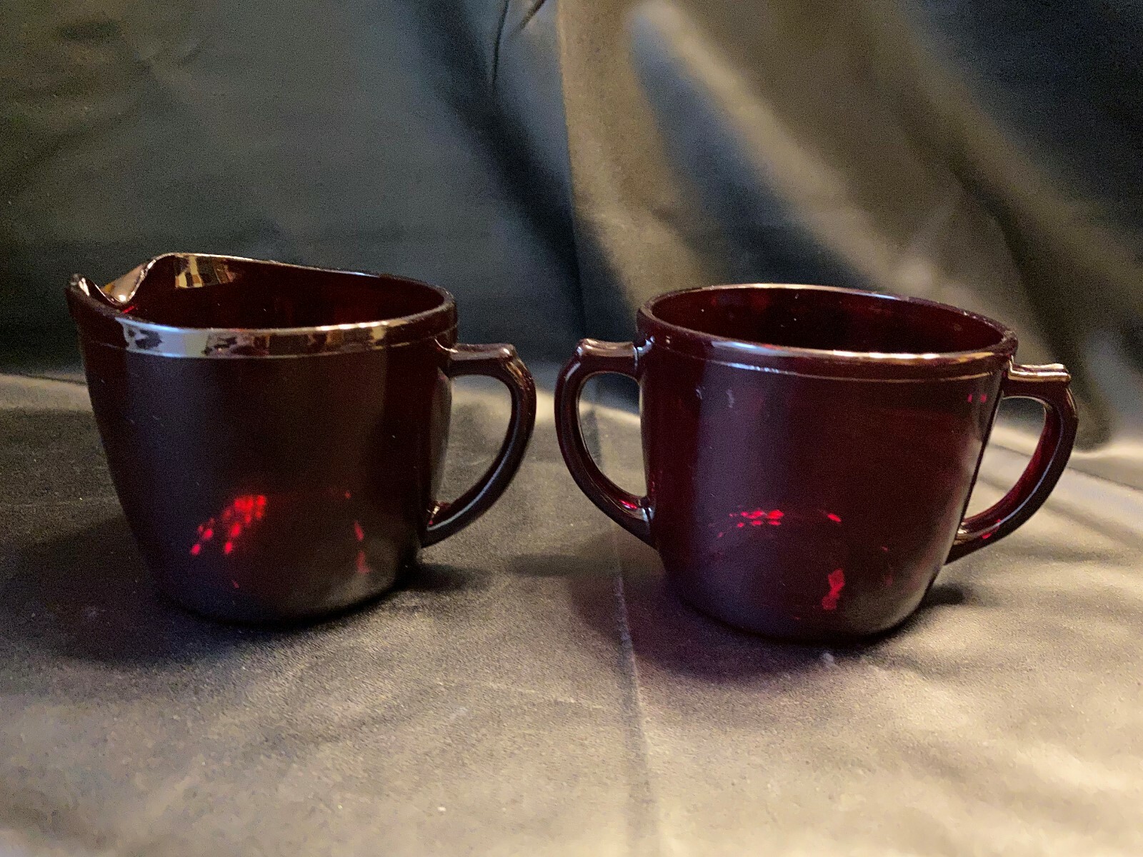 Vtg Ruby Red Anchor Hocking Creamer and Sugar With Handles | eBay