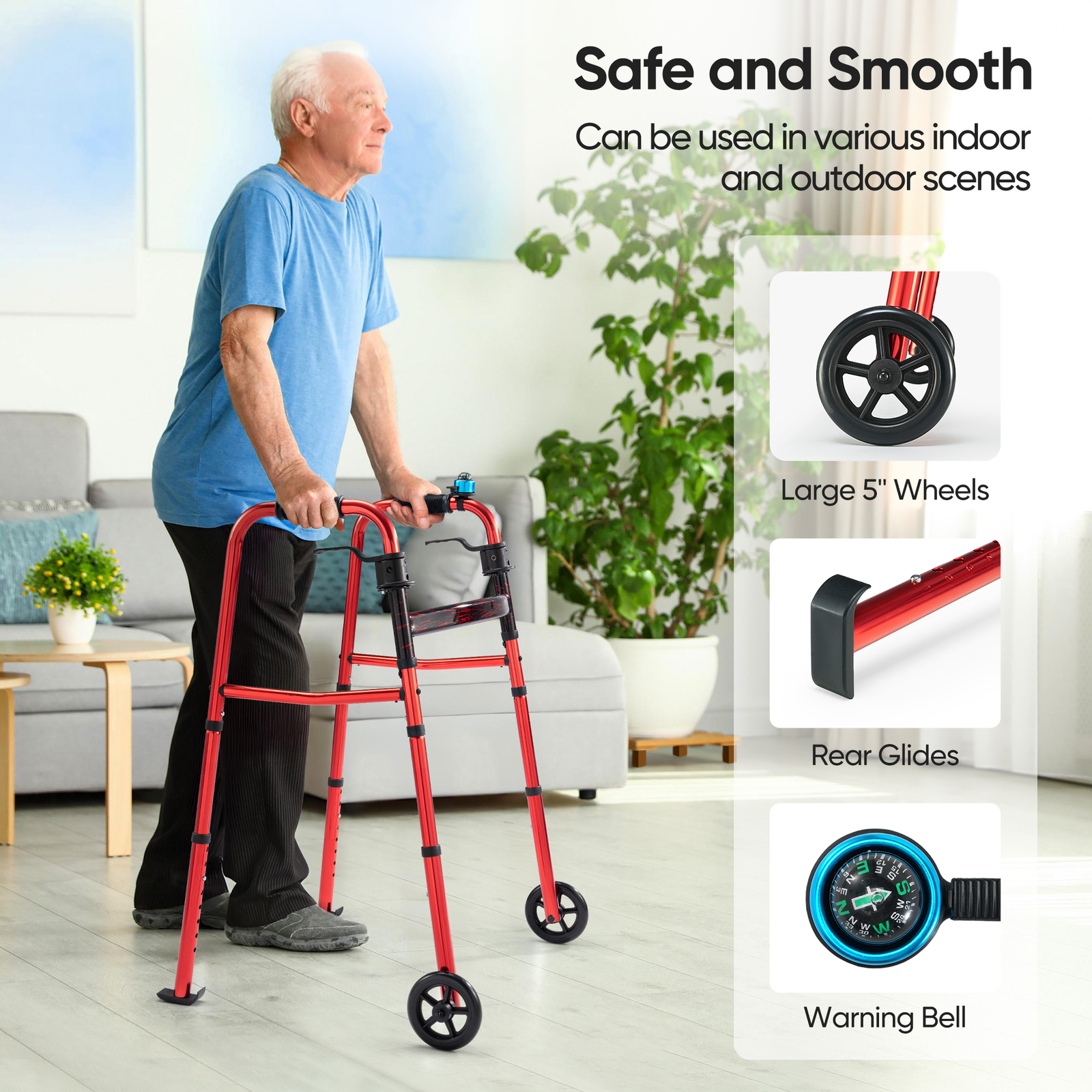 Front Wheeled Walker for Seniors Folding 8" Wheels and Bell 350lb Load ...