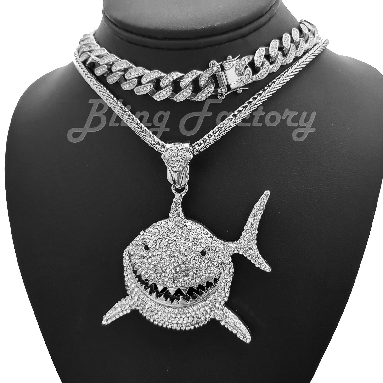 6ix9ine Large Shark Pendant 18" Franco & Iced Cuban Chain Hip Hop ...