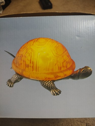 Amber Orange Tiffany Style Glass & Brass Turtle Table Accent Night ...