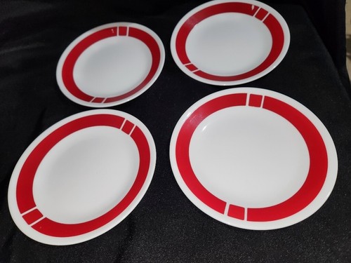 4 Corelle URBAN RED 6¾" Round Bread Butter Dessert Plates Stripe Square ...