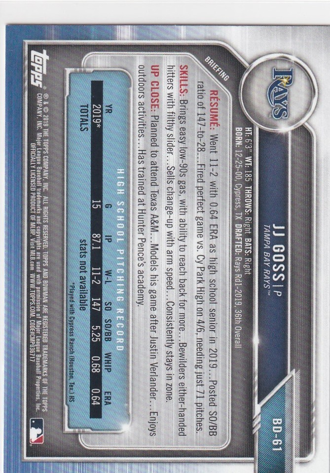 2019 BOWMAN 1ST RC JJ GOSS TAMPA BAY RAYS FIRST DRAFT ROOKIE S3276 | eBay