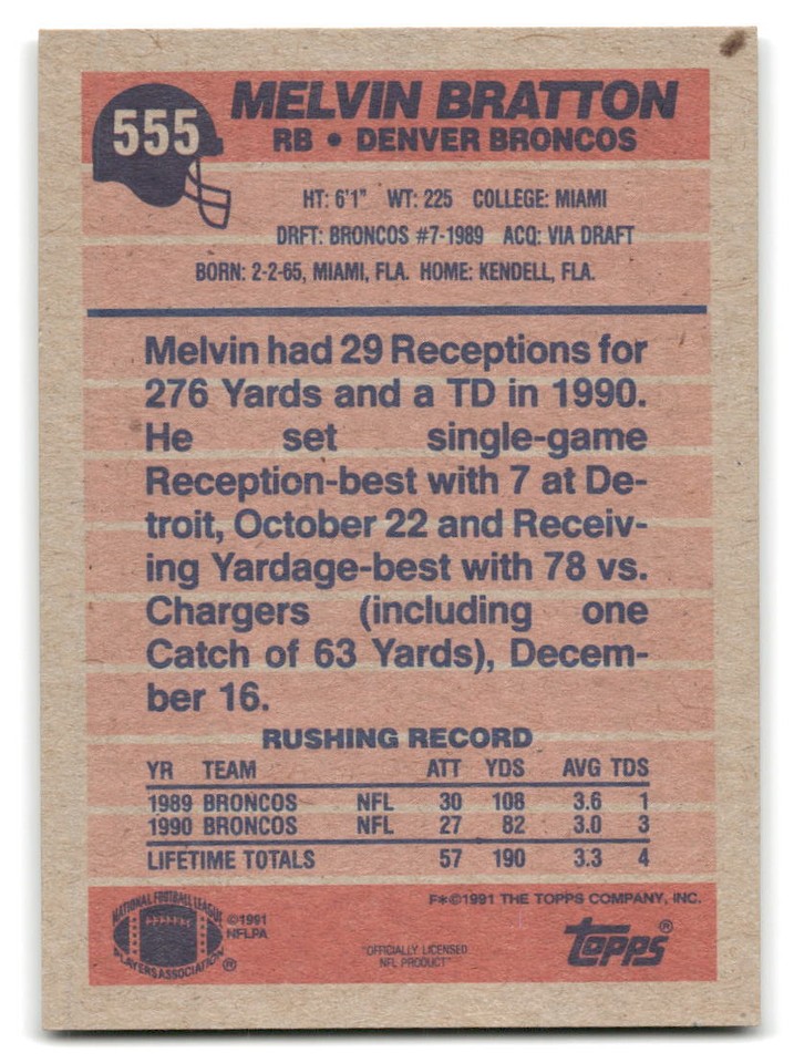 Melvin Bratton 1991 Topps FOOTBALL #555b Denver Broncos | eBay