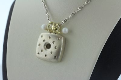 SIGNED Laura Carley Sterling Silver & 18K "Puffy Square" Pearl Pendant ...