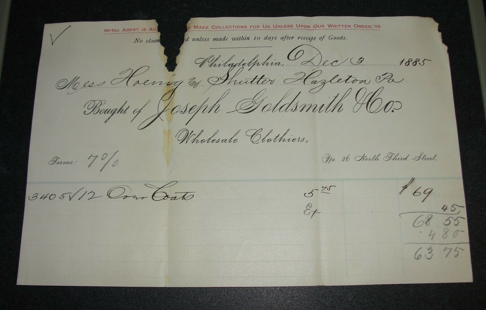 Billhead: 26 N 3rd St Philadelphia PA JOSEPH GOLDSMITH Wholesale ...