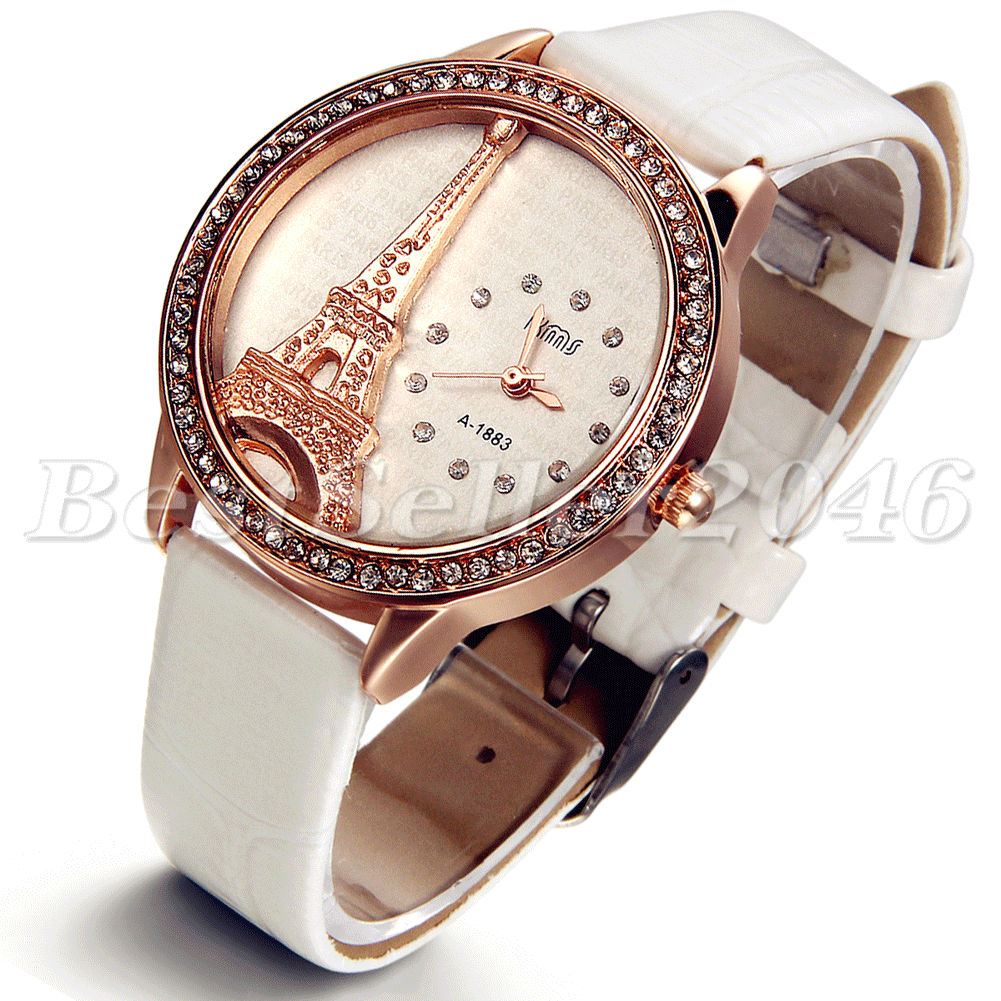 Paris Eiffel Tower Rhinestone Dial Quartz Analog Wrist Watch Leather ...