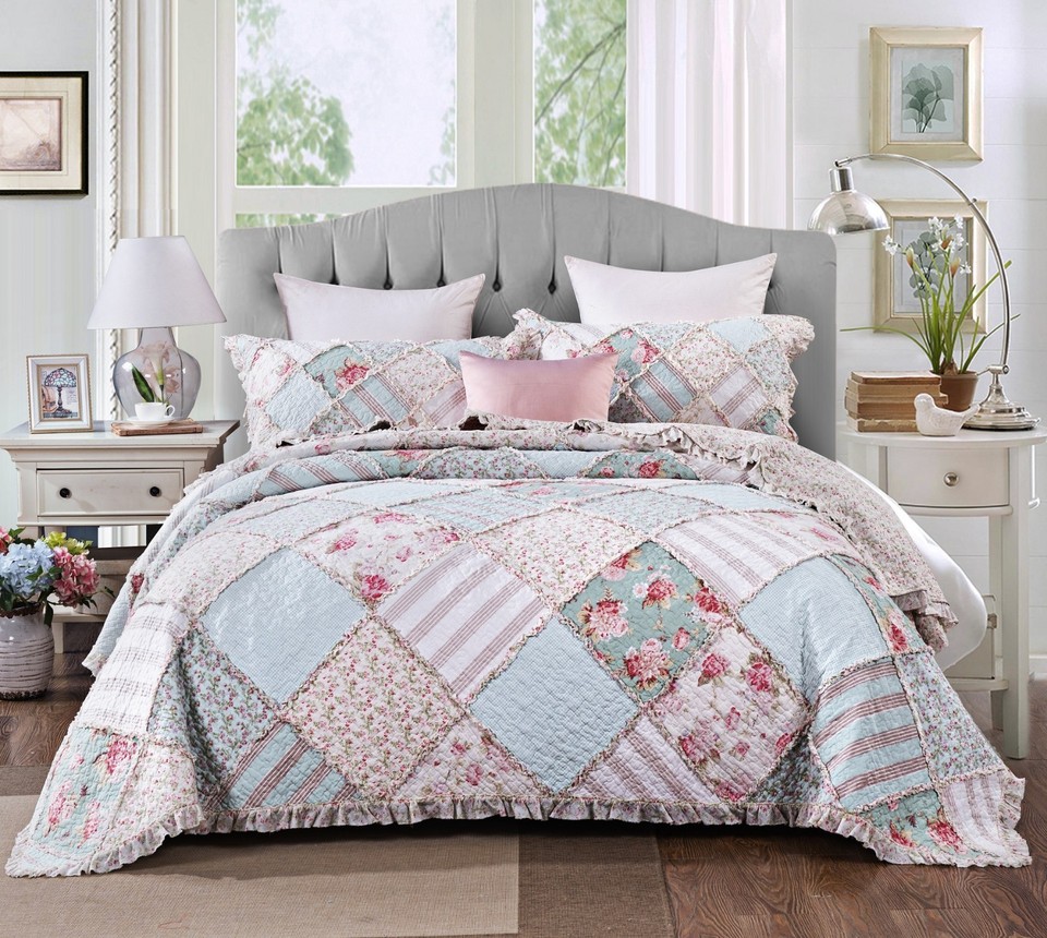DaDa Bedding Cottage Mint Floral Pastel Cotton Patchwork Bedspread ...