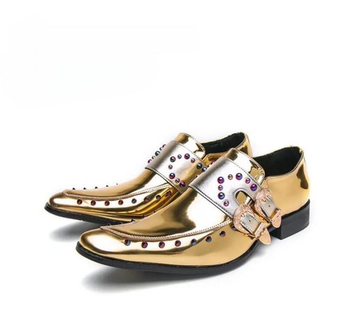 Men's Low Heel Faux Leather Buckle Pointed Toe Rivets Shoes Clubwear ...