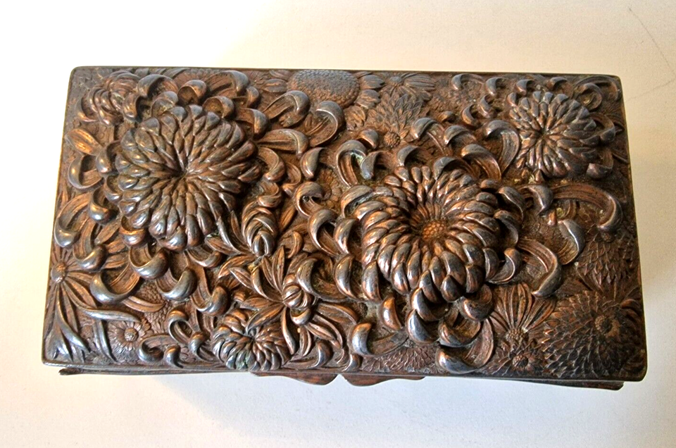 Antique Japanese Antimony Box Early 1900s Crysthanemums Birds Metal ...