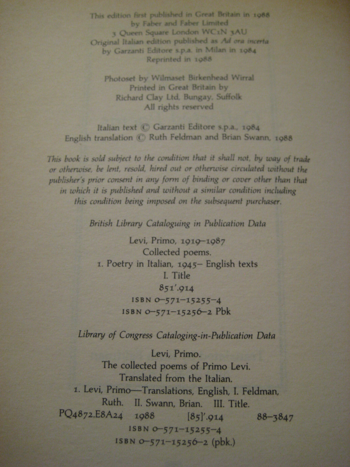 Collected Poems Primo Levi Poetry 1st Edition 2nd Printing Holocaust ...