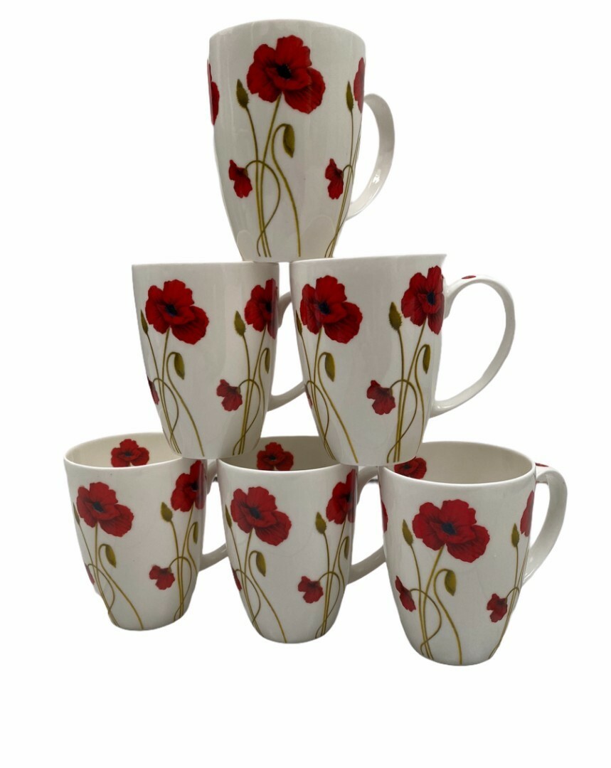 Poppy Flower Mug Set of 6 Fine Bone China 350ml Large Cups Poppy Stem ...