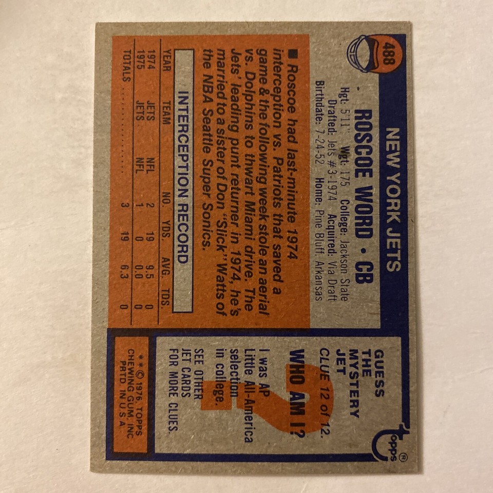 1976 Topps Football Roscoe Word New York Jets Card #488 | eBay