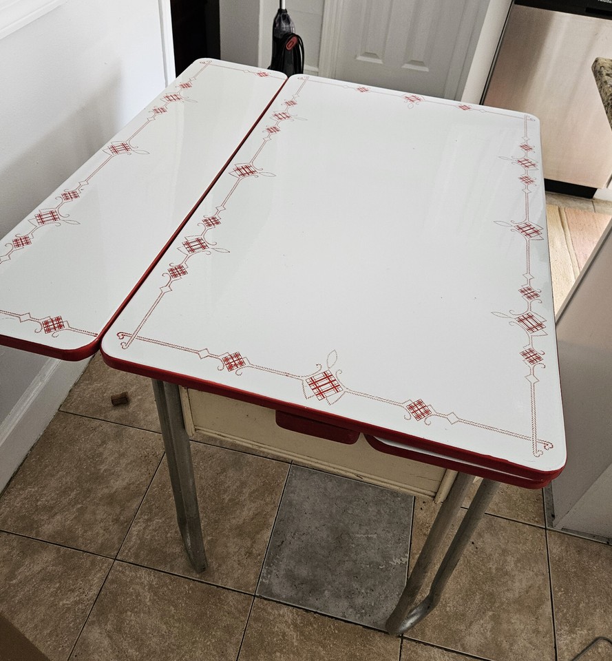 Vintage Porcelain Top Table, Slide-Out Sides, Chrome Legs, Red & White ...