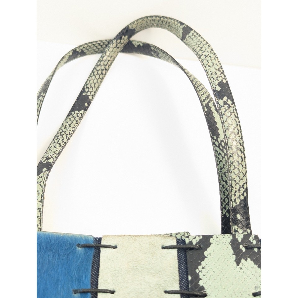 BERGE Denim Bag Blue Snake Print Handle Fur Patchwork Unique Design ...