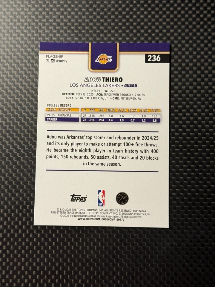 2025-26 Topps Basketball #236 Adou Thiero RC - Los Angeles Lakers | eBay