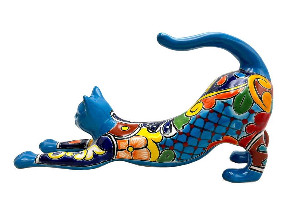 Talavera Cat Stretching Cute Folk Art Mexican Pottery Hand Painted ...
