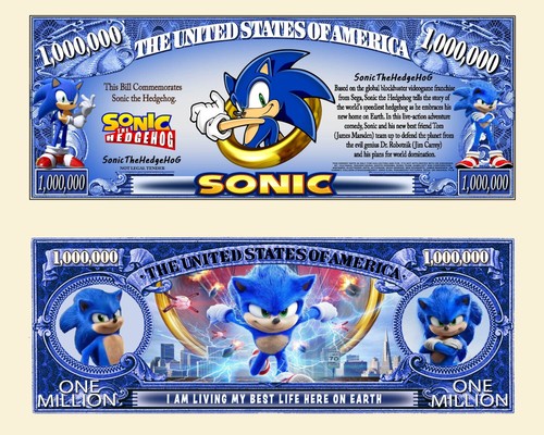 Sonic Hedgehog Million Dollar Bill Play Funny Money Novelty Note + FREE ...