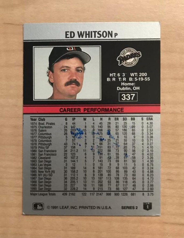 ED WHITSON SAN DIEGO PADRES SIGNED AUTOGRAPHED 1991 LEAF CARD #337 W ...