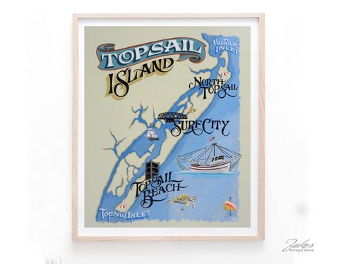 Topsail Island North Carolina beach map Print-Poster art decor vintage ...