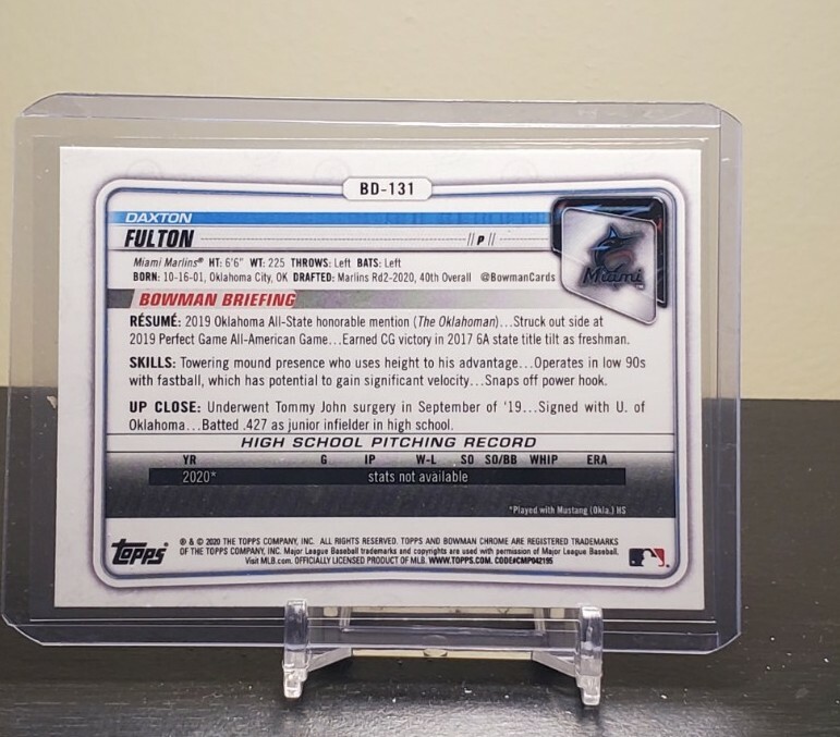2020 Bowman Chrome Draft - DAXTON FULTON - 1st Bowman - Marlins #BD-131 ...